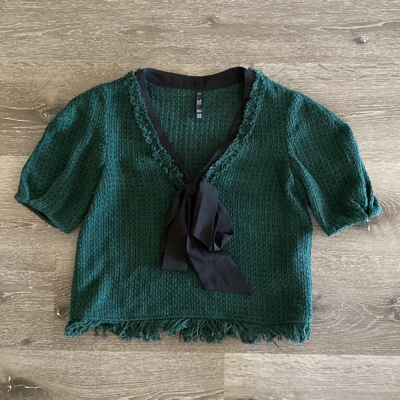 Zara | Tops | Zara Trf Collection Green Knit Blouse With Black Bow And ...